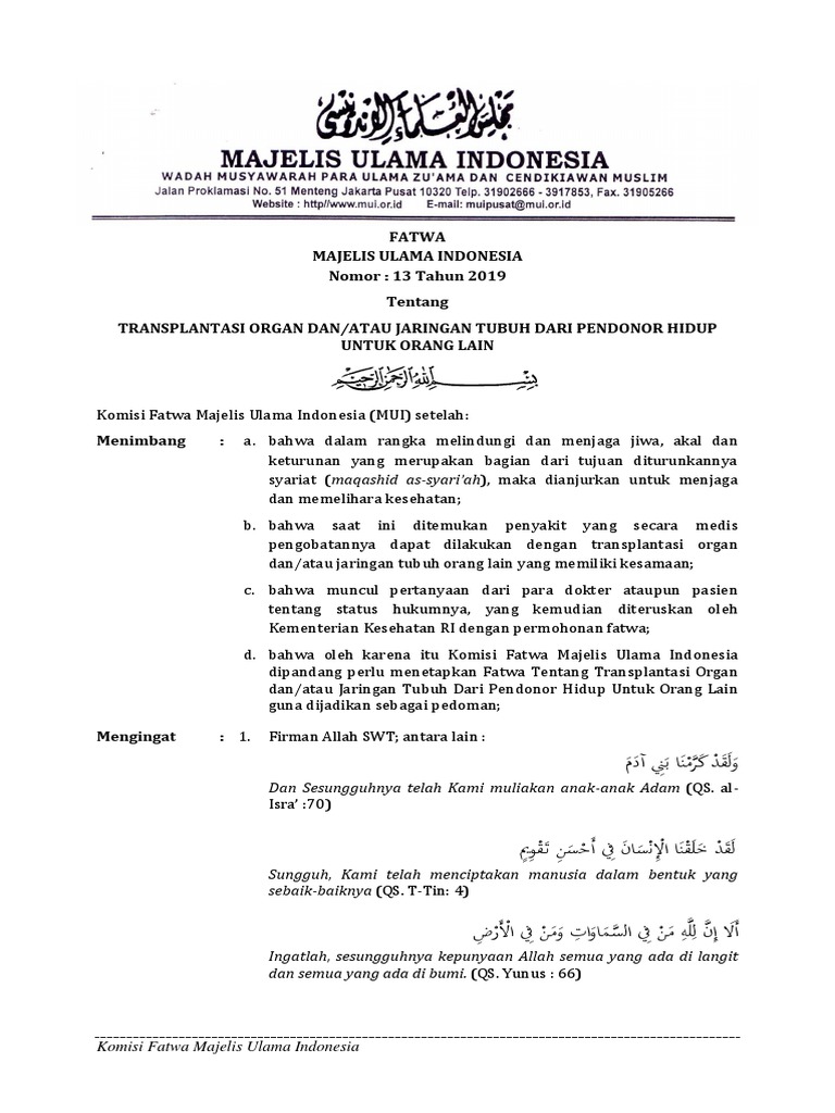 Fatwa MUI No. 13 Tahun 2019 Tentang Transplantasi Dari Pendonor Hidup | PDF