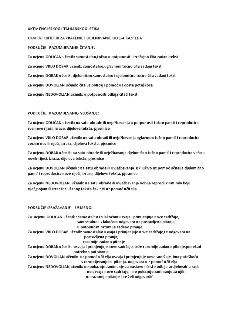 Kriteriji I Mjerila Ocjenjivanja Engleski I Talijanski Jezik | PDF
