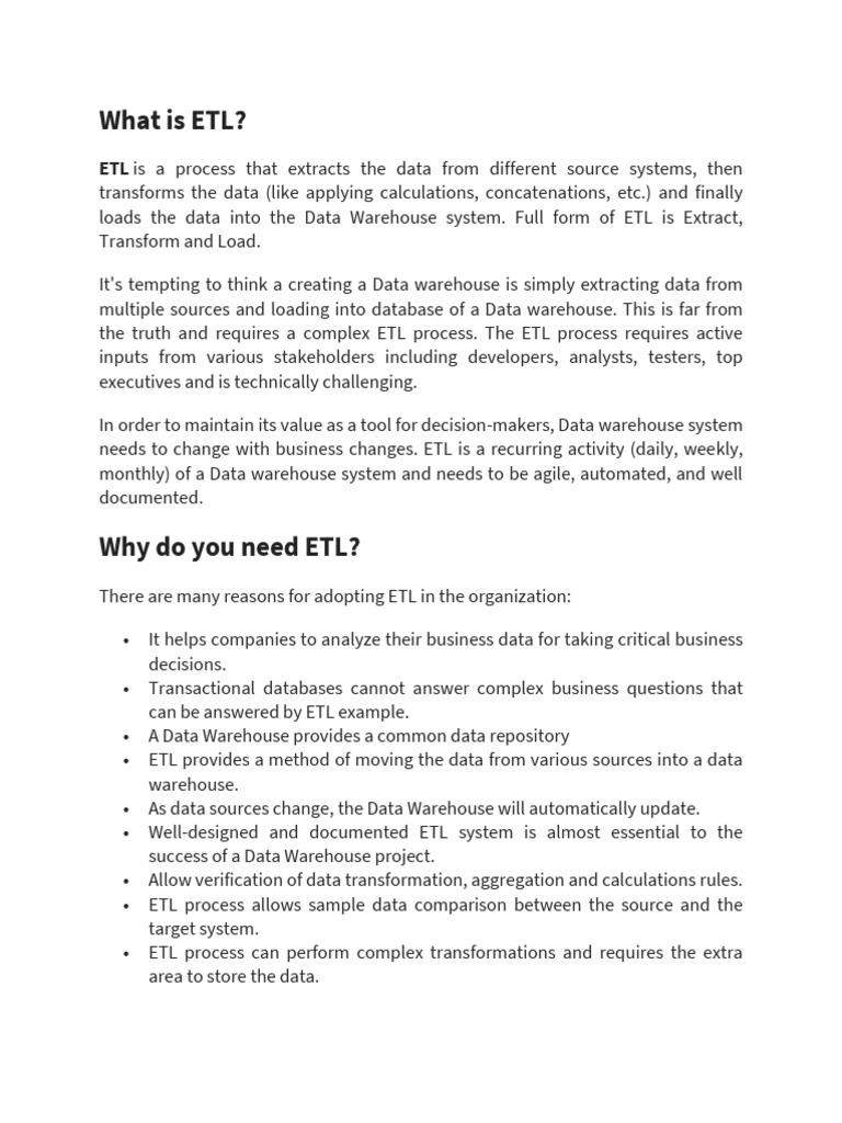 What Is ETL?: ETL Is A Process That Extracts The Data From Different Source Systems, Then | PDF ...