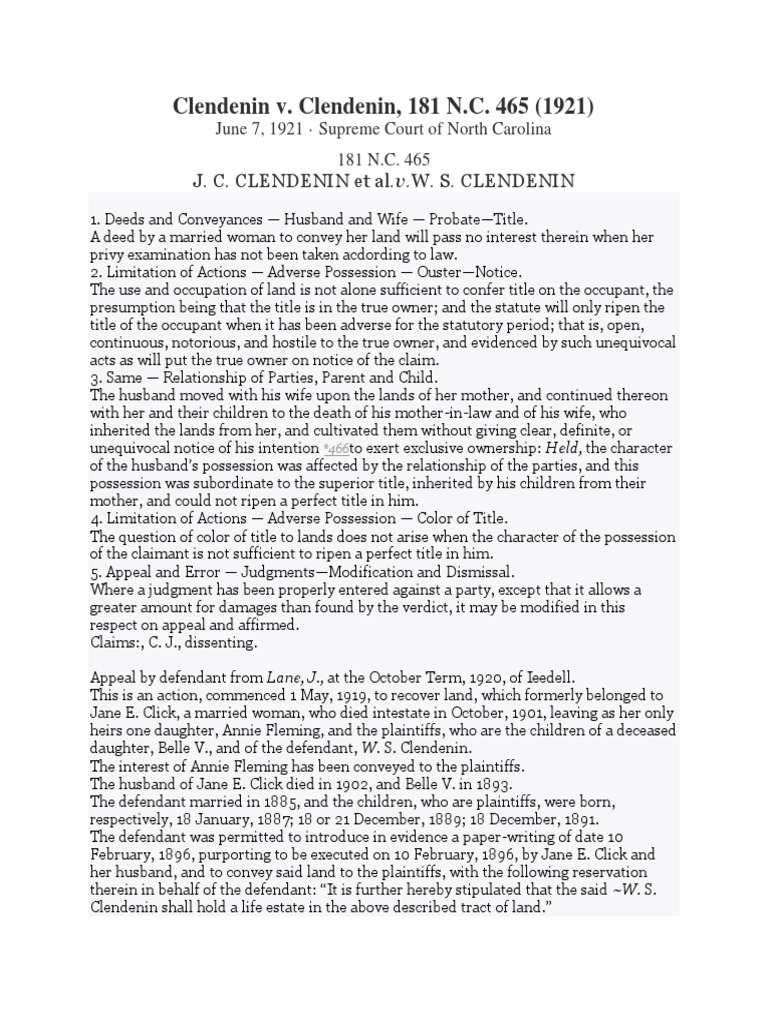Clendenin v. Clendenin: Adverse Possession Ruling | PDF | Politics | Law