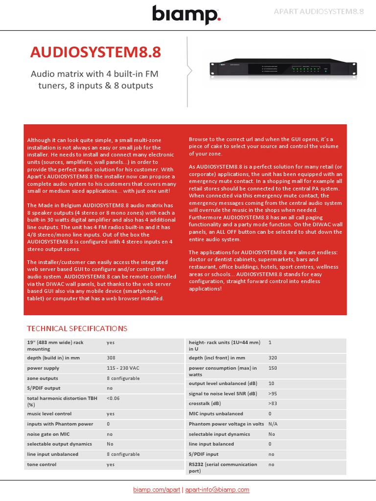 Biamp Data Sheet Audiosystem8-8 Sep20 | PDF | Microphone | Signal To Noise Ratio