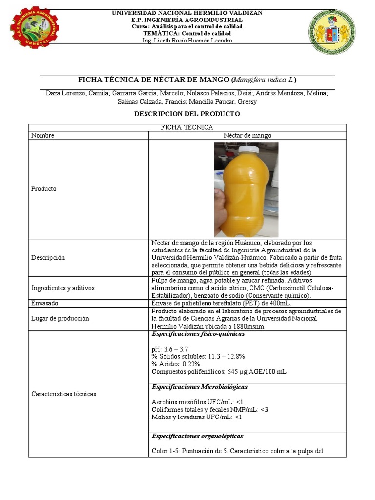 Ficha Tecnica Del Nectar de Mango | PDF | Comida y bebida | Nutrición