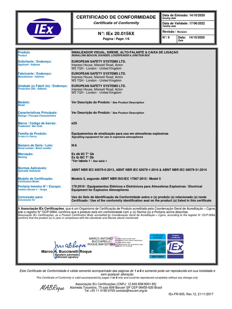 CoC - IEx - 20.0156X - Rev - 0 - (STEx) CERTIFICADO INMETRO | PDF