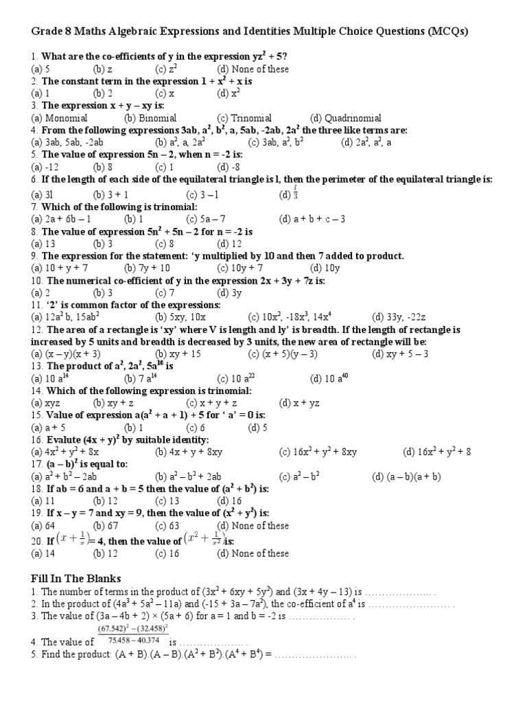 Grade 8 Maths Algebraic Expressions and Exponents MCQ | PDF | Mathematics | Algebra