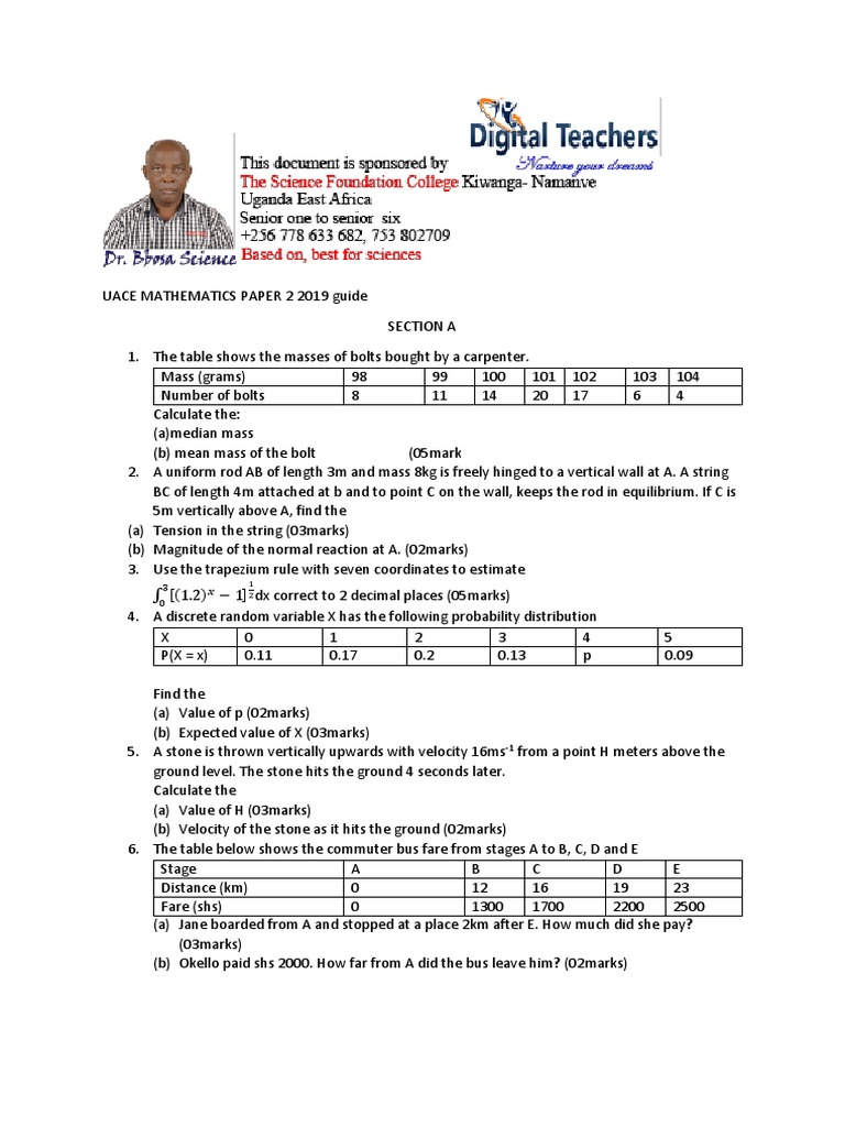 UACE MATHEMATICS PAPER 2 2019 Marking Guide UNEB | PDF | Tension ...