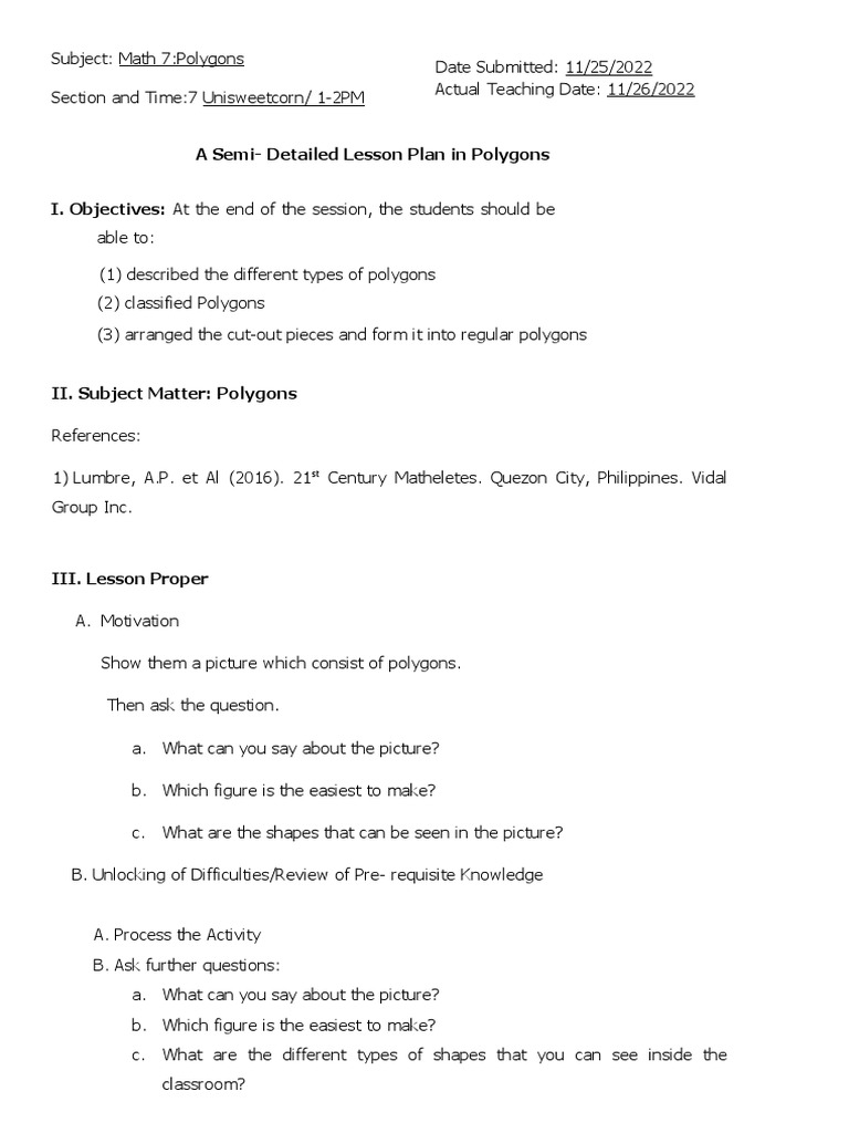 Approved Lesson Plan | PDF | Lesson Plan | Polygon