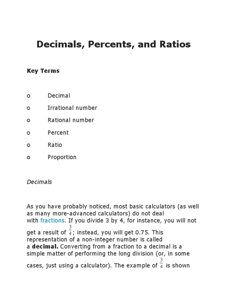 Understanding Key Concepts Related To Decimals Percents Ratios And