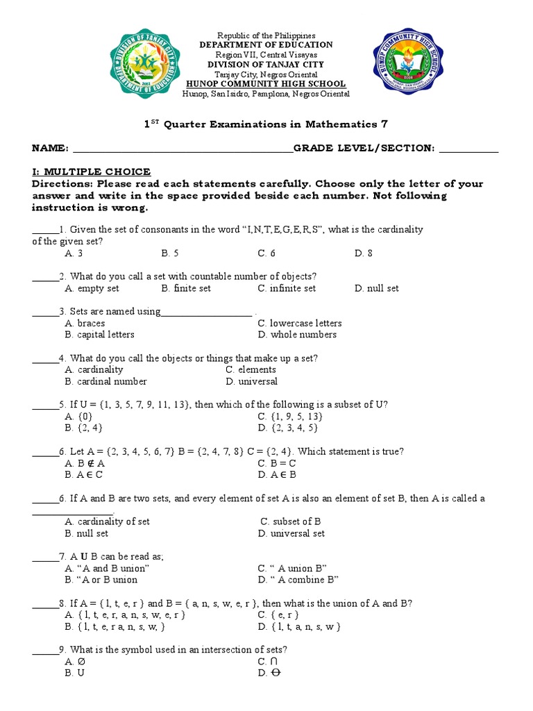 G7 - Q1 - Periodical Test 2021-2022 | PDF | Set (Mathematics) | Logic