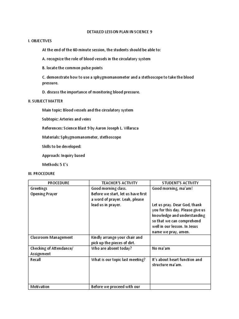 Lesson Plan in Arteries and Veins | PDF | Artery | Blood Pressure