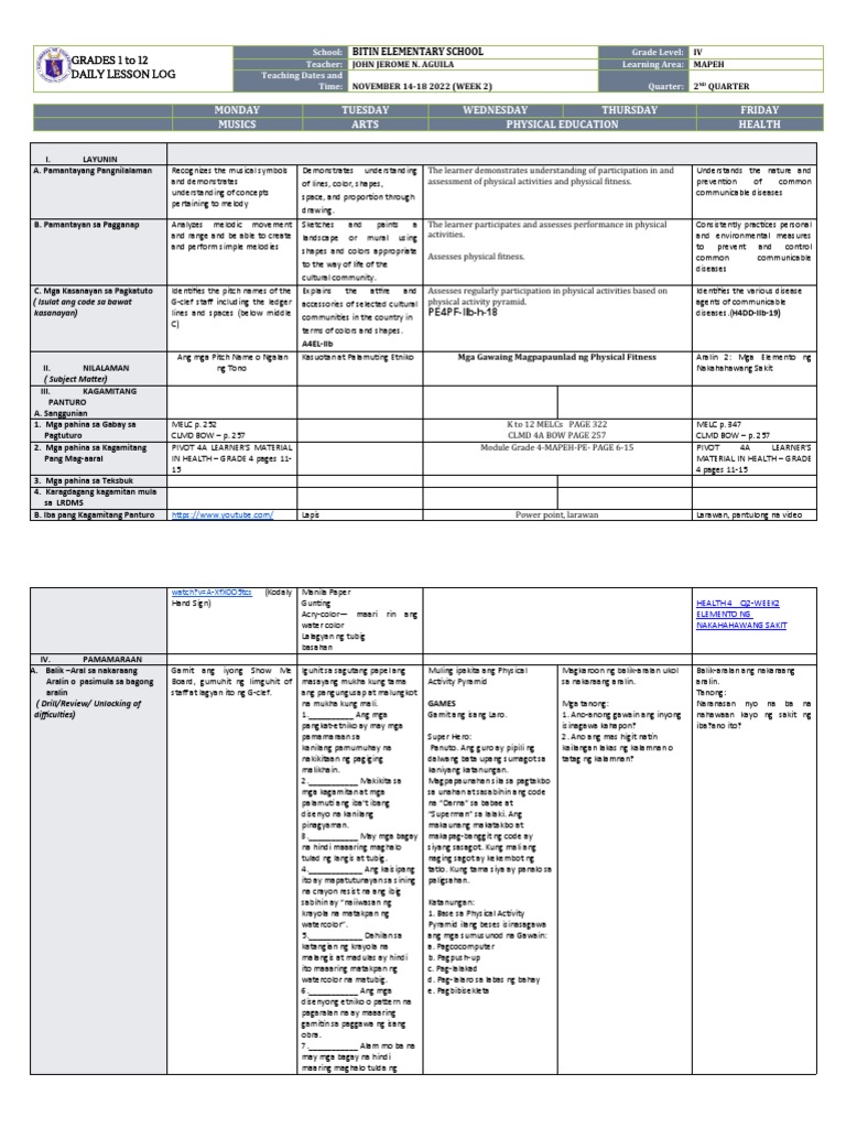 DLL - Mapeh 4 - Q2 - W2 | PDF