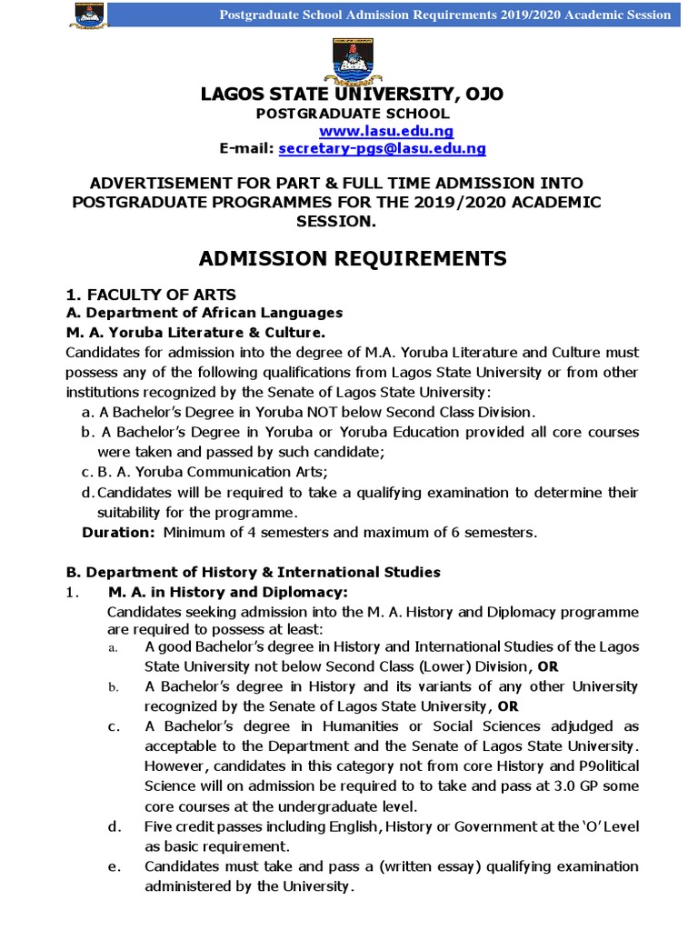 Lagos State University Admission Into Full and Part Time Postgraduate For All Programmes | PDF ...