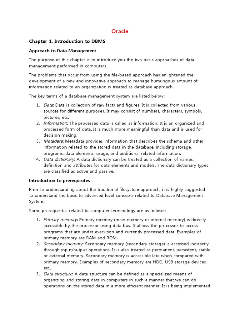 Oracle Content Writing Chapter 1 Pdf Relational Database Computer Data Storage