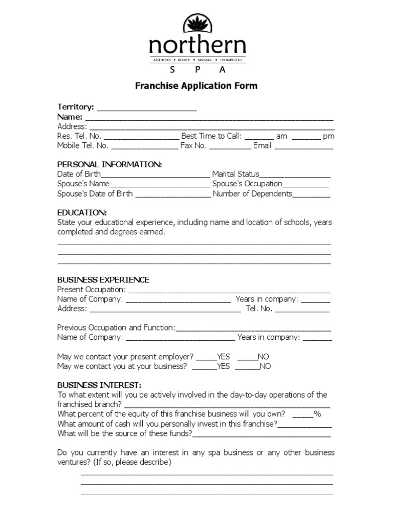 Northern Spa Franchise Application Form | PDF | Franchising | Economies