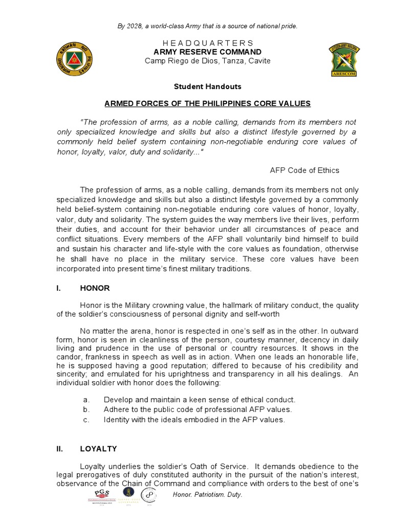 AFP Core Values - Handouts | PDF | Courage | Social Institutions