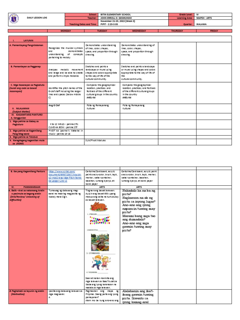 DLL - Mapeh-Music and Arts-4 - Q2 - W3 | PDF