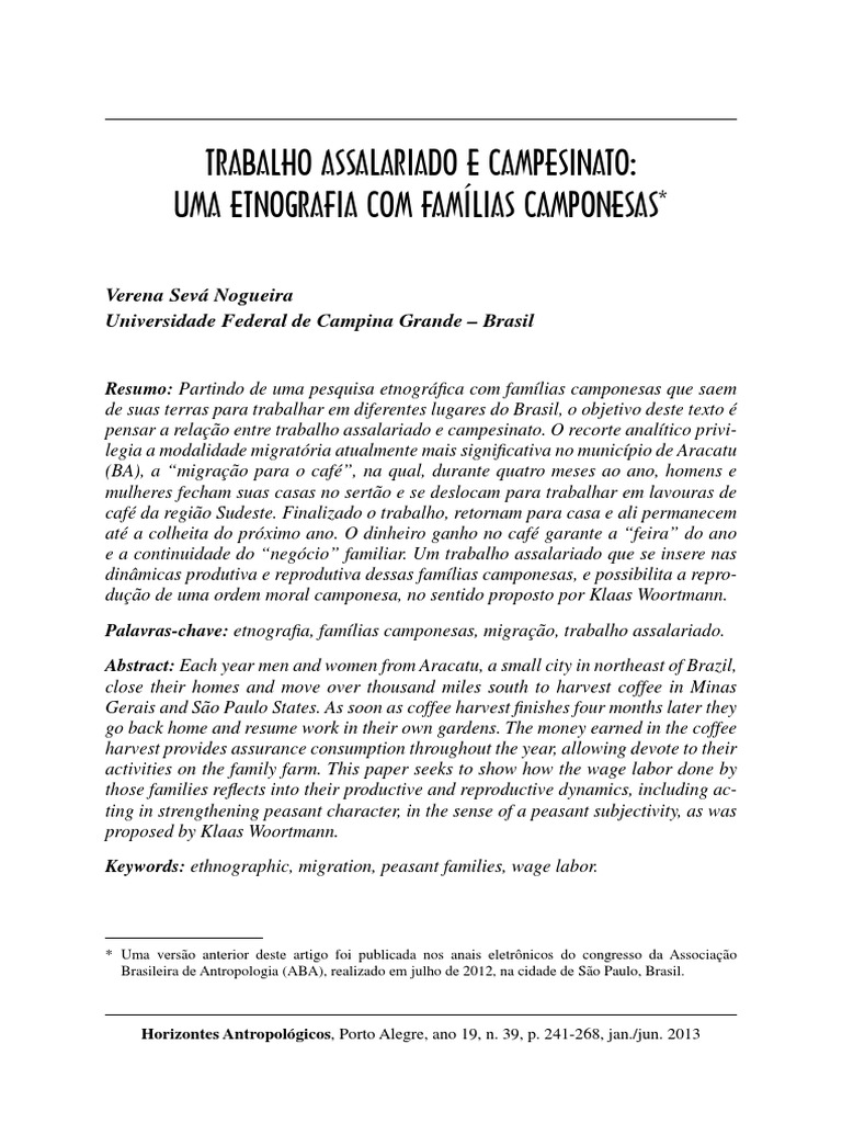 Trabalho Assalariado e Campesinato Uma Etnografia Com Famílias ...