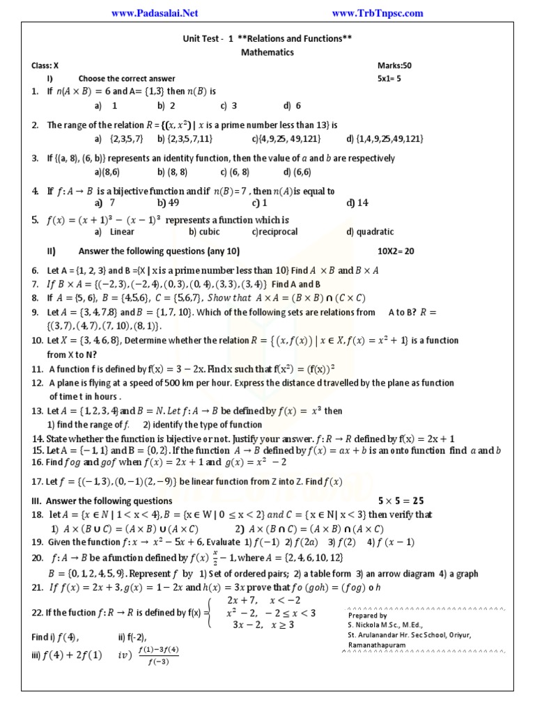 10th Maths Unit Test 1: Relations & Functions | PDF | Mathematical ...