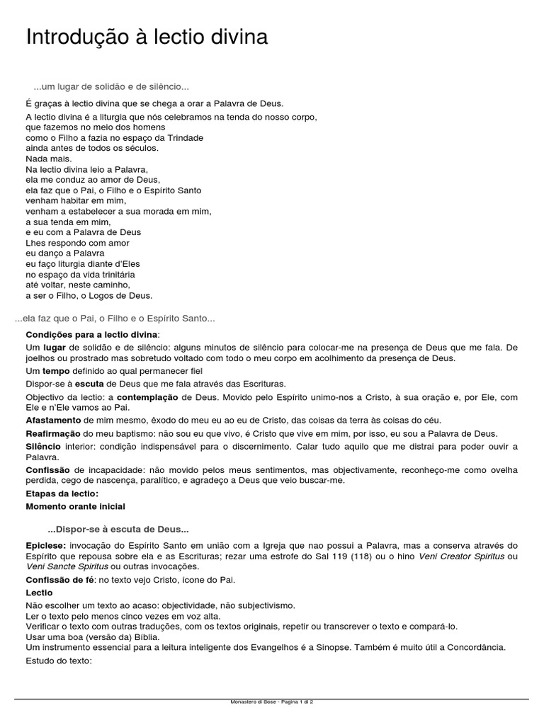 Monastero Di Bose - Introdução À Lectio Divina | PDF | Oração | Crença ...