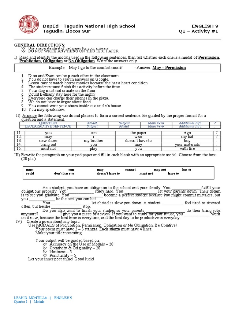 Activity On Modals of Permission, Prohibition, Obligation and No ...