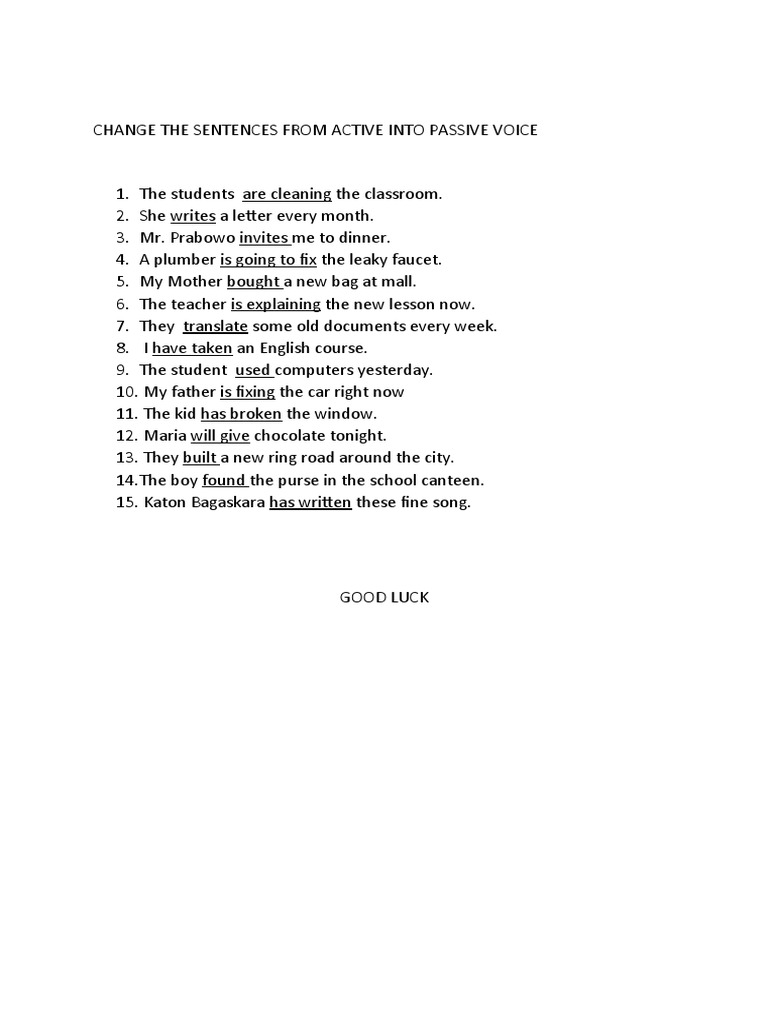 Convert Active to Passive Voice Exercises | PDF | Language Arts ...