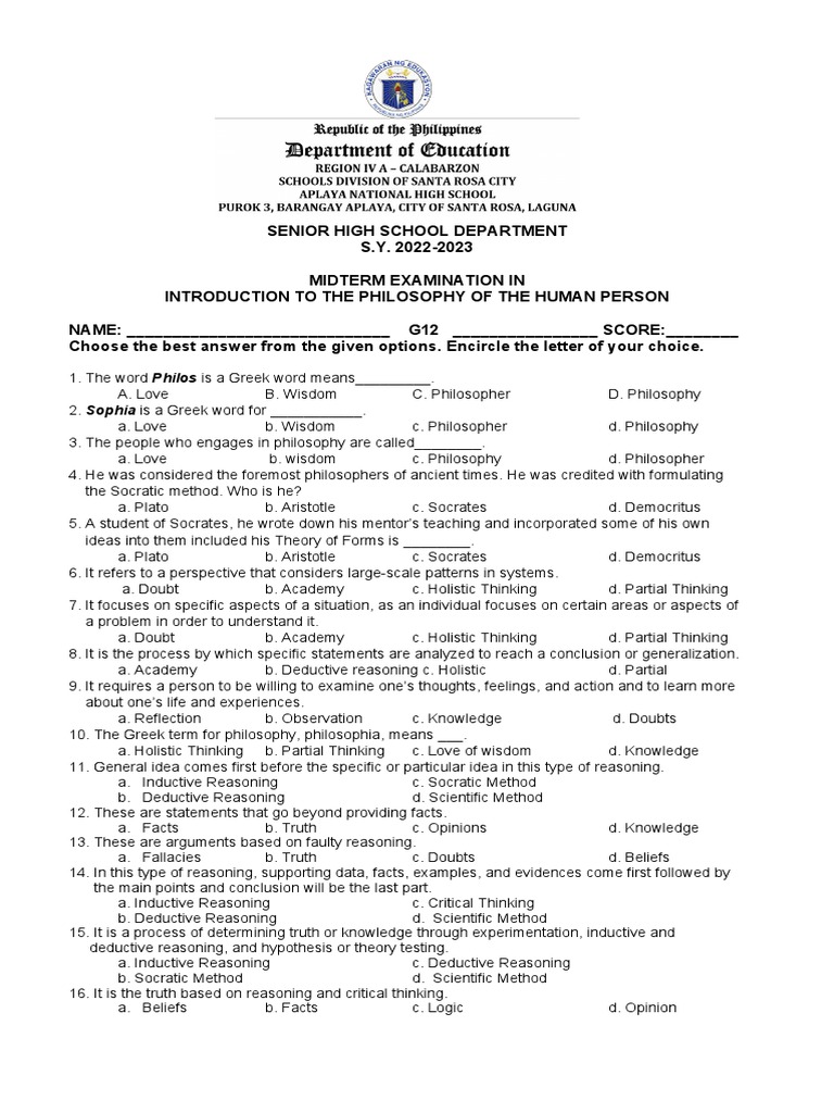 Philo Exam Pdf Reason Inductive Reasoning