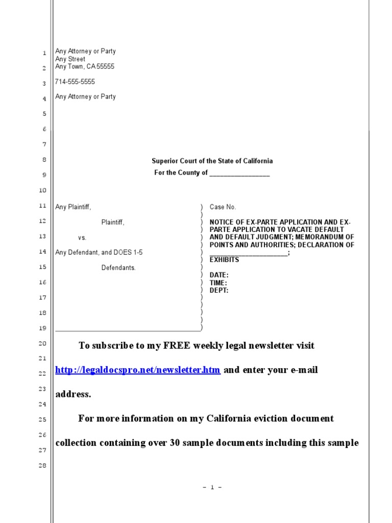 Ex Parte Application to Vacate Judgment | PDF | Ex Parte | Default Judgment