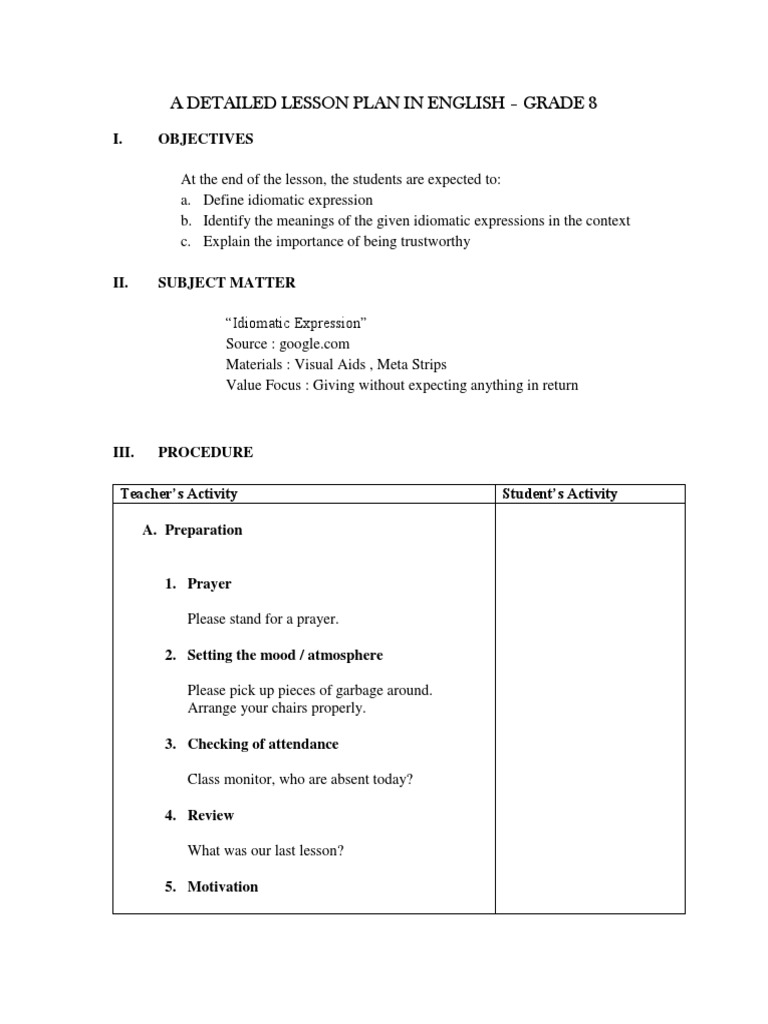 Grade 8 English Idioms Lesson Plan | PDF | Idiom | Lesson Plan