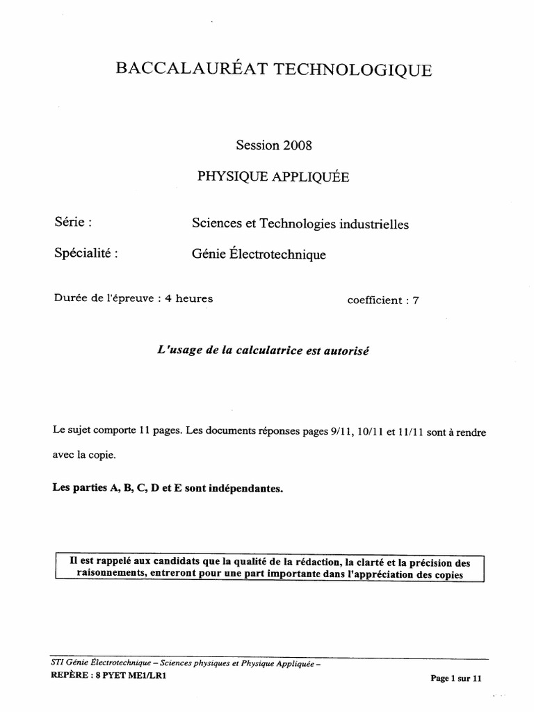 Sujet Et Corrige Bac Sti Genie Electrotechnique 2008 Physique Appliquee | PDF