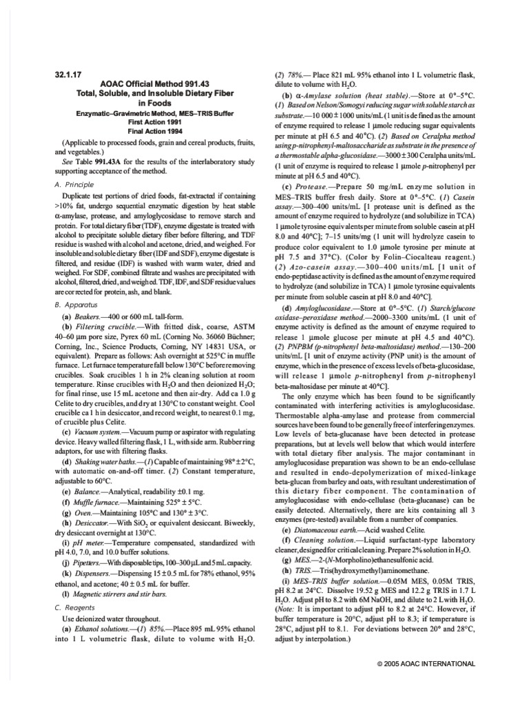 Aoac 991.43 Total, Soluble, Insoluble Dietary Fiber | PDF | Dietary ...