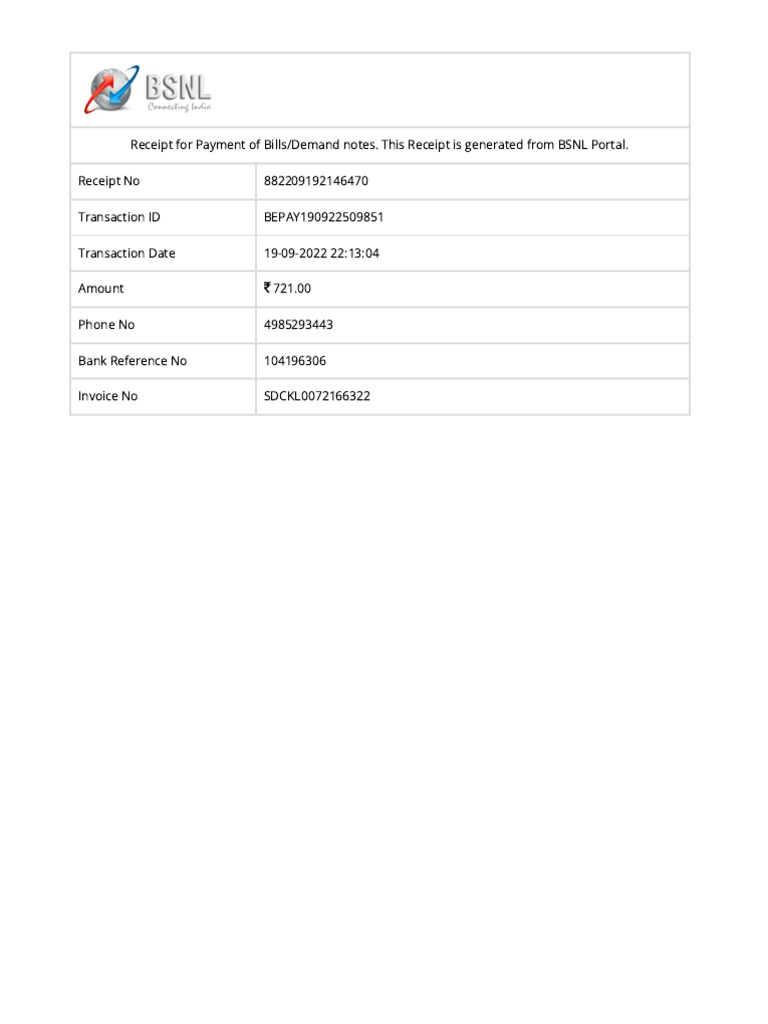 Receipt Details - BSNL Portal | PDF