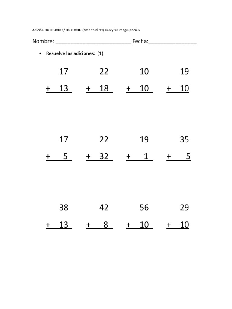 Adición DU+DU y DU+U Con y Sin Reagrupación Ämbito 99 | PDF