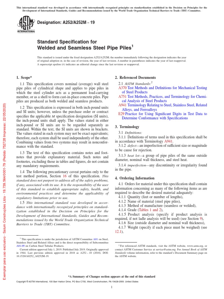 ASTM - A252 - Standard Specifiction For Welder and Seamless Steel Pipe Piles | PDF