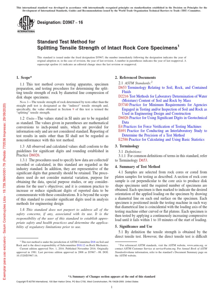 ASTM - D3967 - 16 Splitting Tensile Strength ... | PDF | Strength Of Materials | Stress (Mechanics)