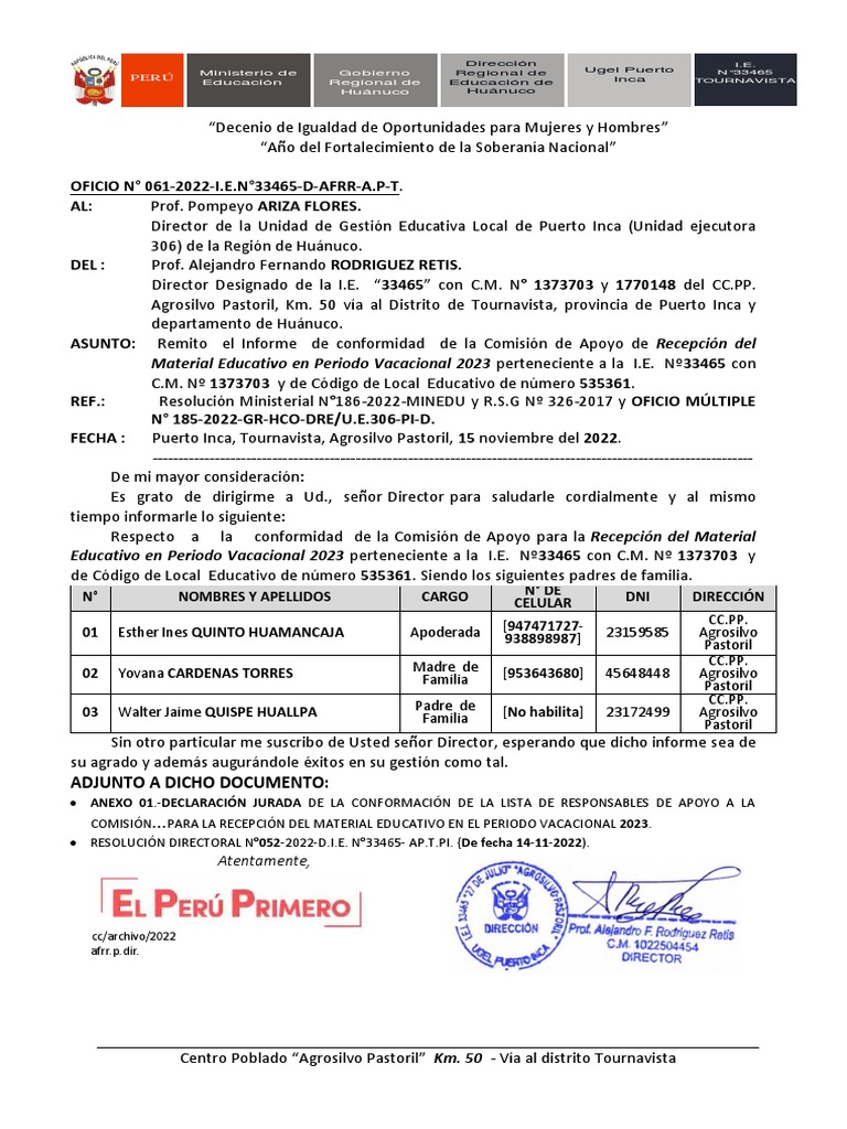 Oficio de Conformidad Del Comite de Recep Material Educ Periodo Vacacional 2023 - Ie 33465 - 1 | PDF