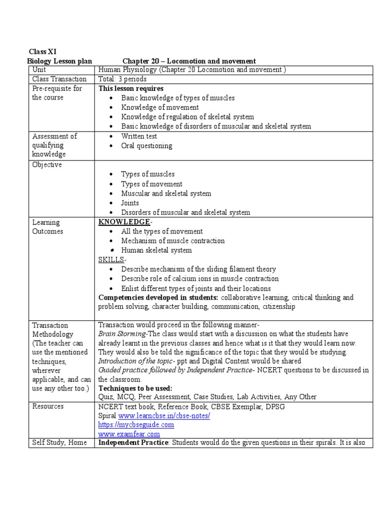 Locomotion and Movement Lesson Plan11 | PDF