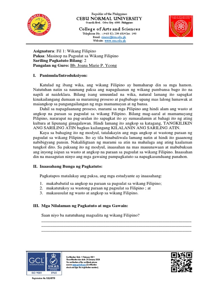 Masinop Na Pagsulat Sa Wikang Filipino | PDF