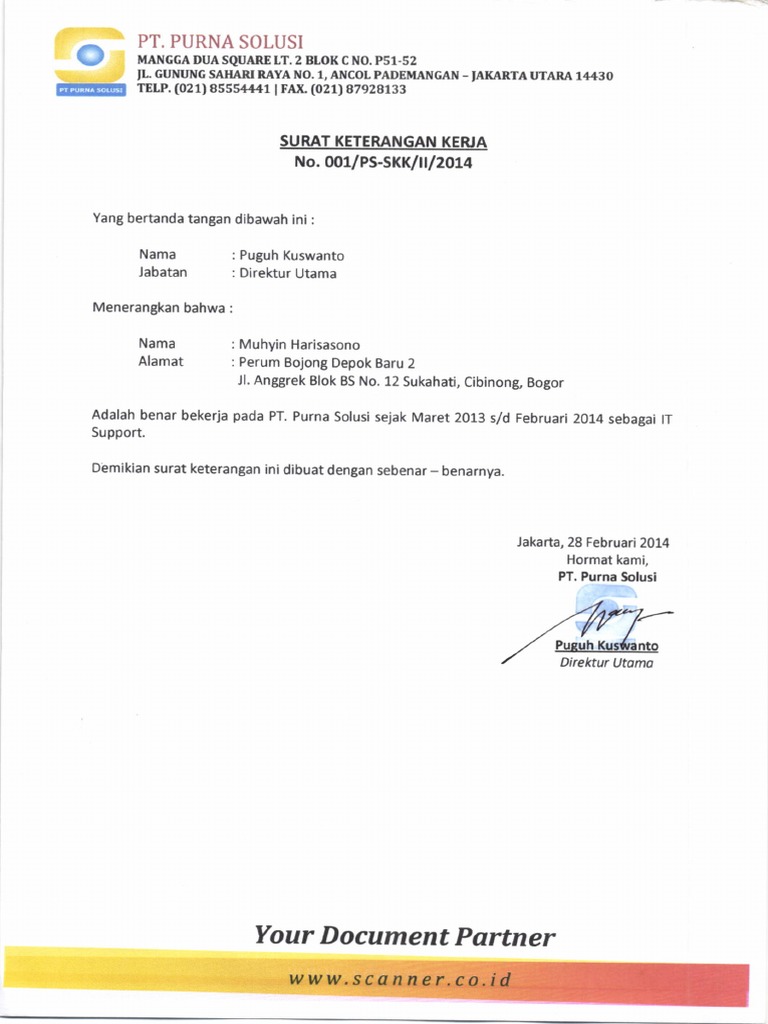 Contoh Surat Keterangan Kerja Pdf