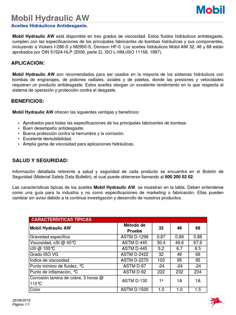 Ficha Tecnica Mobil Hidraulico Aw 68 | PDF | Ingeniería mecánica