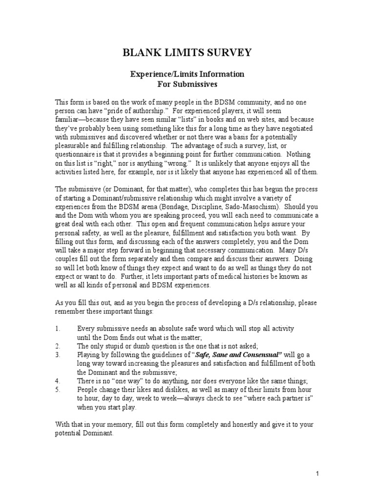 Blank Limits Survey | Download Free PDF | Dominance And Submission | Bdsm