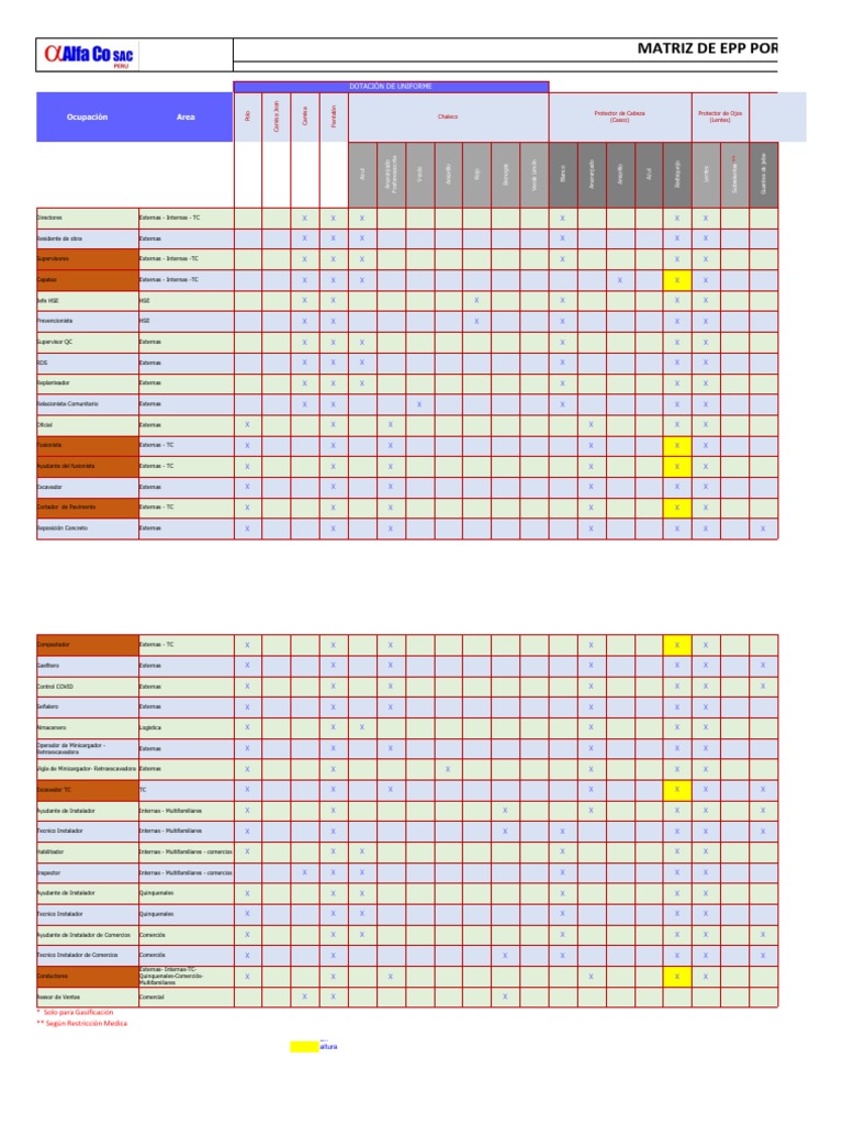 HSE-MAT-004-P Matriz de EPP Por Puesto de Trabajo Ver. 03 | PDF | Ropa ...
