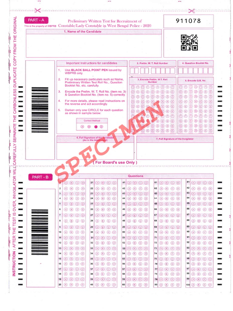 Omr Sheet Specimen | PDF | Optical Character Recognition