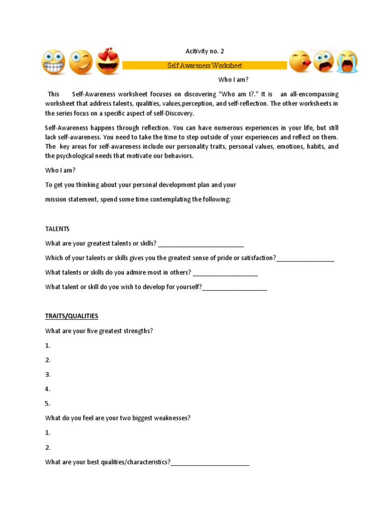 Actvity No. 2 Self Awareness Worksheet | PDF | Self Awareness | Experience