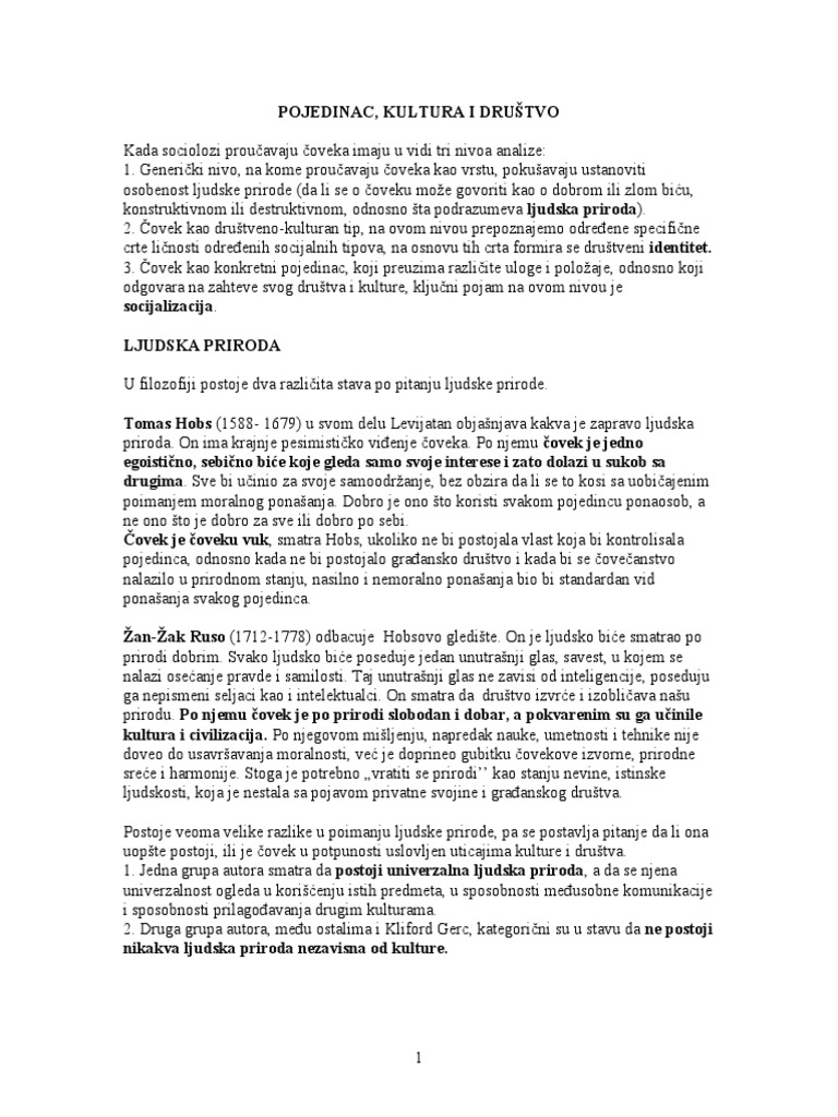Pojedinac, Kultura I Društvo | PDF