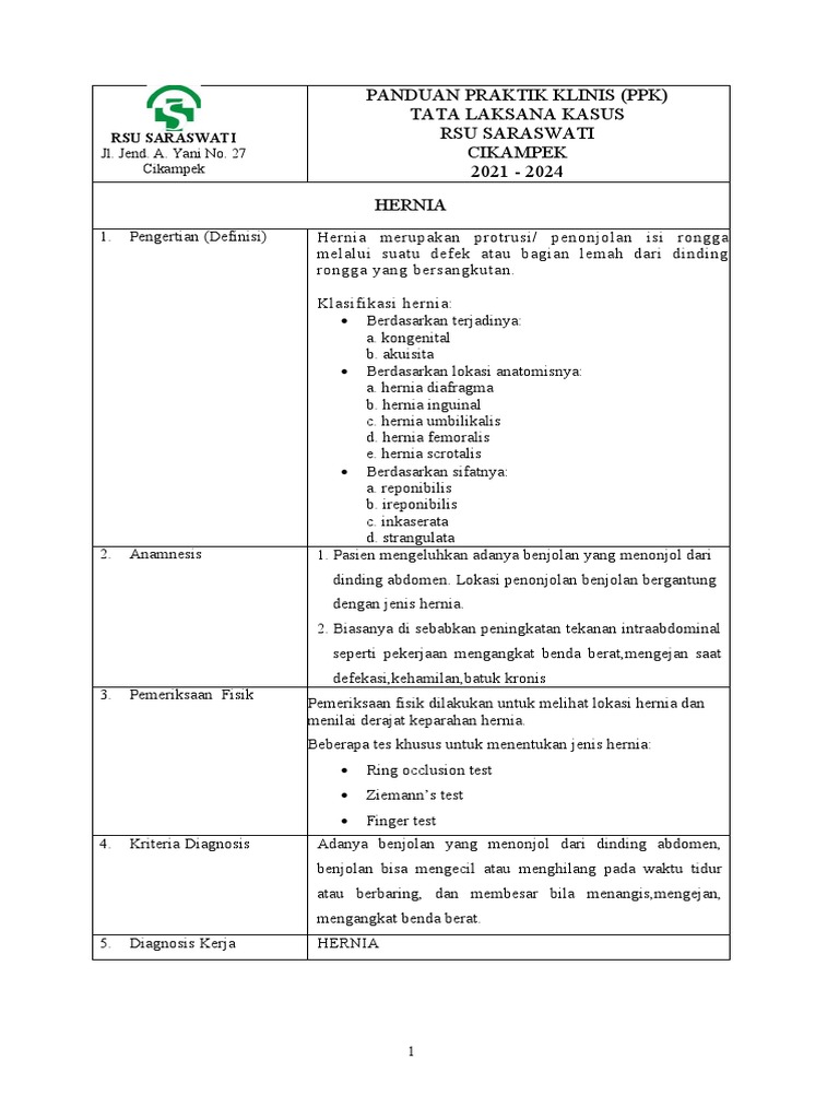Panduan Praktik Klinis (PPK) Tata Laksana Kasus Rsu Saraswati Cikampek 2021 - 2024 Hernia | PDF