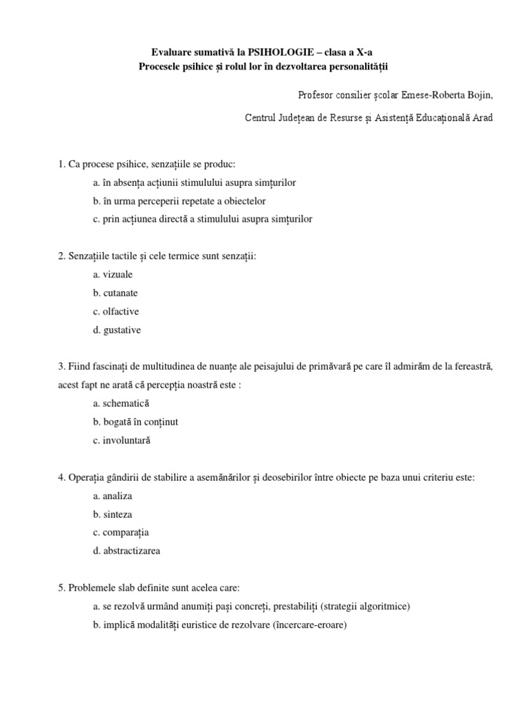 Test de Evaluare Psihologie Clasa A X A - Procesele Psihice EMESE ...