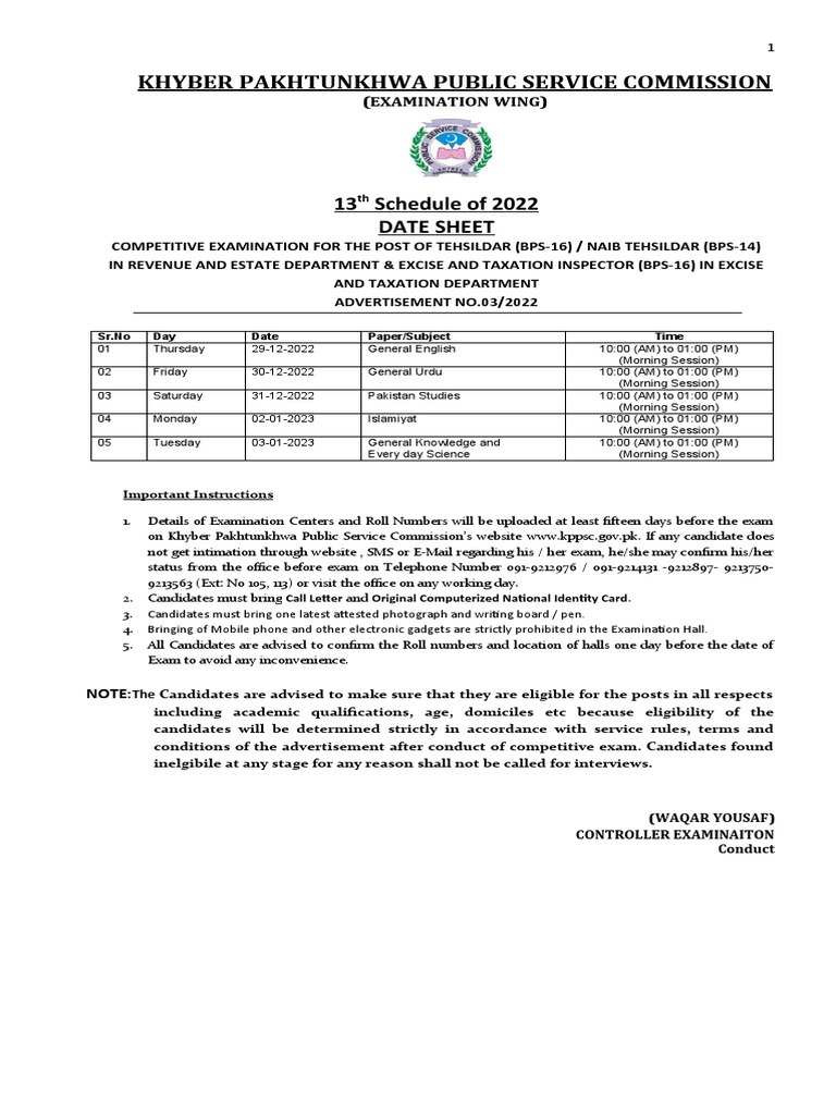 Tehsildar Excise Taxation Inspector Date Sheet Competitive Exam 2022 | PDF