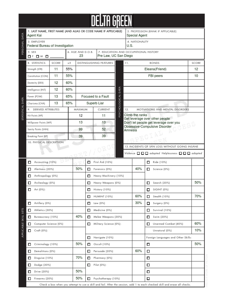 Delta Green Character - FBI Agent | PDF