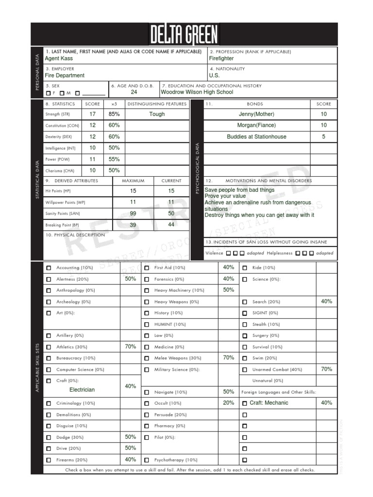 Delta Green Character - Firefighter | PDF