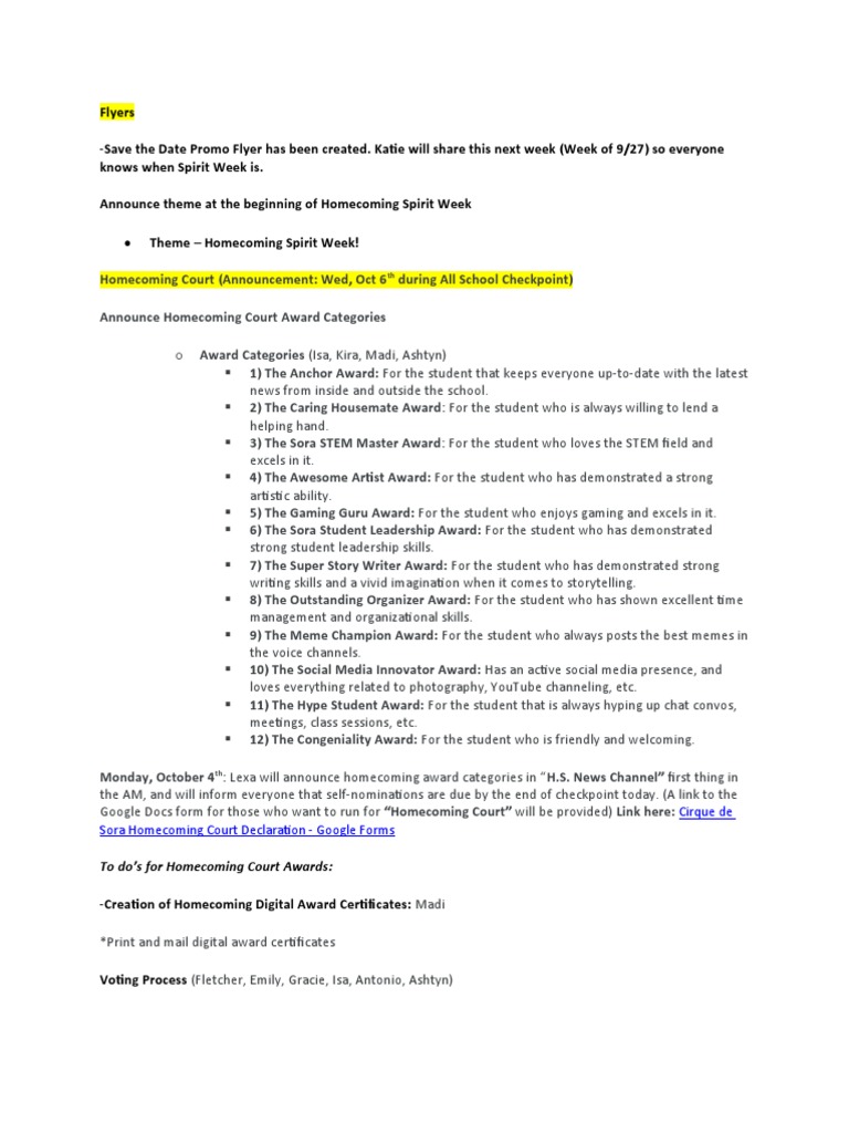 Homecoming Planning | PDF