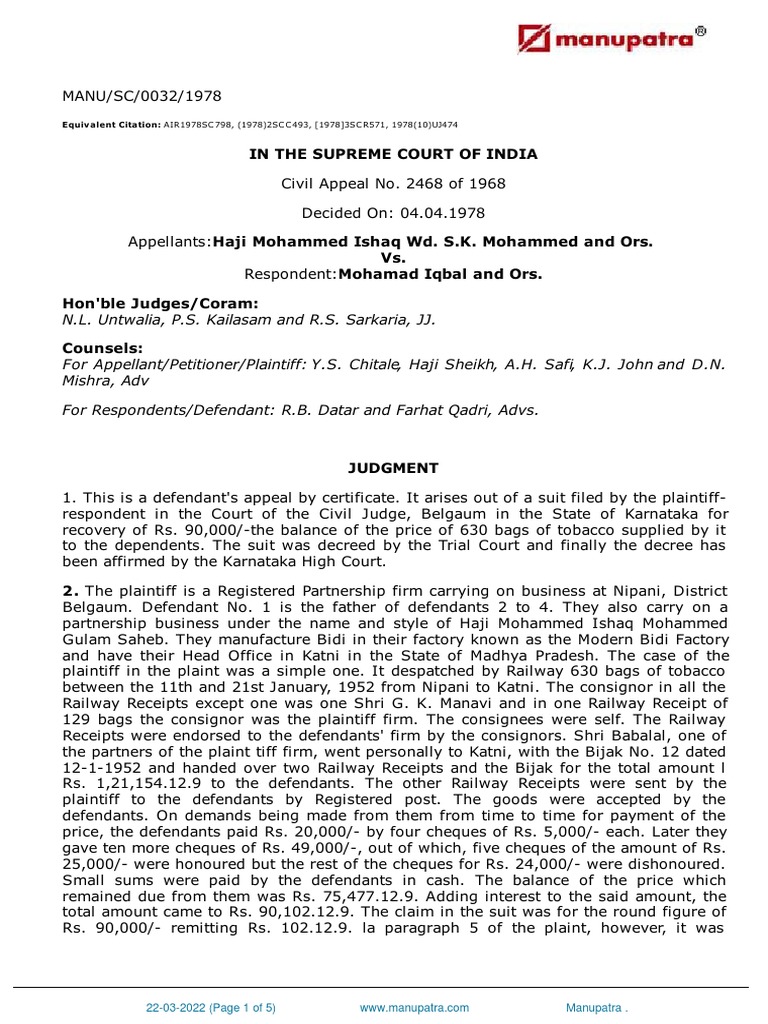Haji Mohammed Ishaq WD SK Mohammed and Ors Vs Mohs780032COM528109 | PDF ...